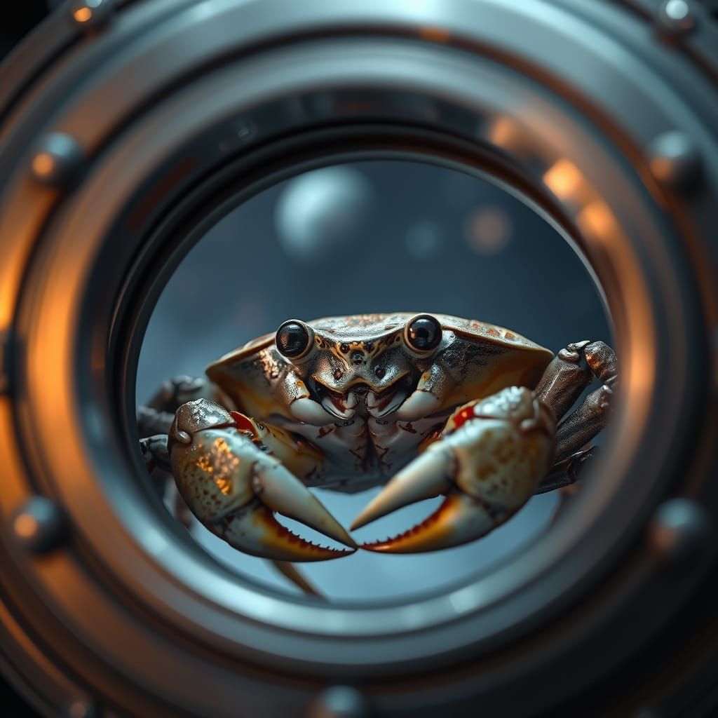 Crab Looks Out Spaceship Portal Majestic Crab Emerges From