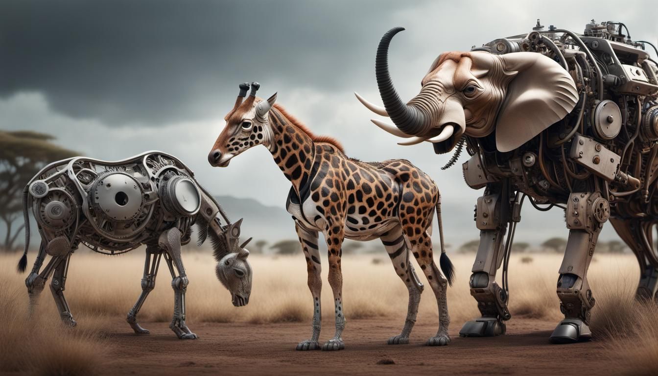 Mechanical Wildlife Unleashed" a hyper-realistic image that imagines a ...
