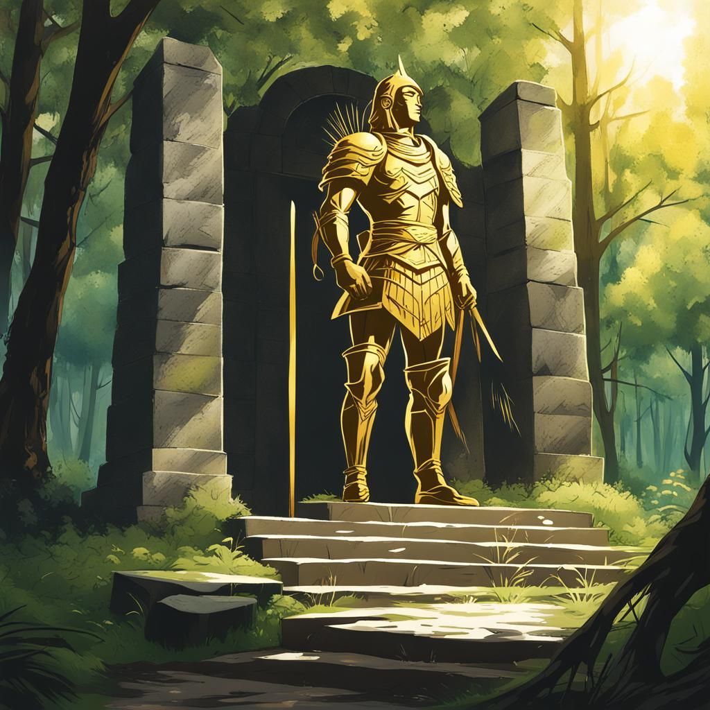 gold statue of a warrior beside the gate to a foreboding stone tomb ...