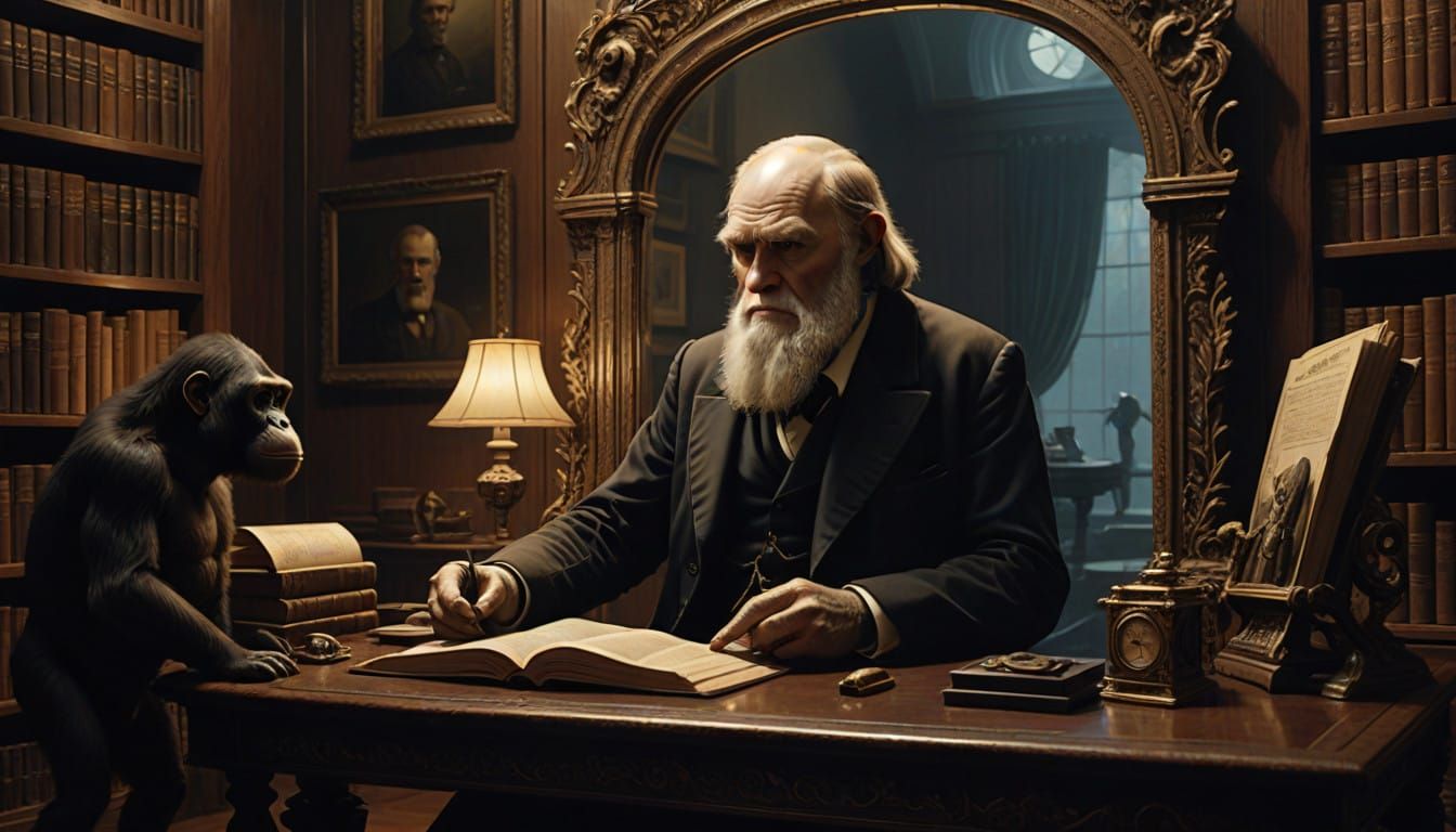 Ape and Evolution: Mysterious Reflections in an An... - AI Art