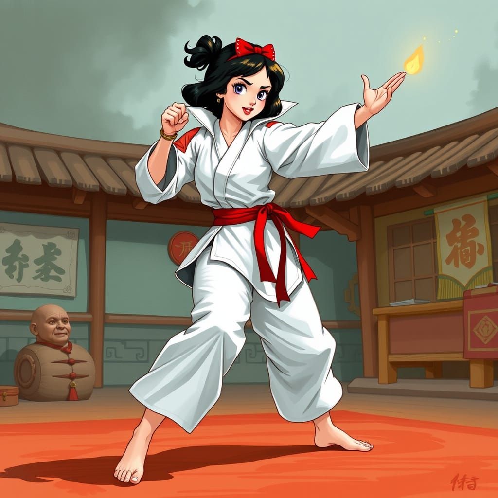 Snow White Practicing Karate at Dojo - AI Art