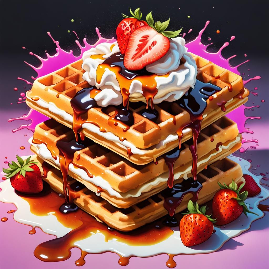 A stack of thick waffles with syrup and strawberries on top and whipped ...