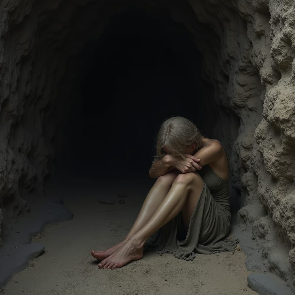 A Woman in Dark Despair, Huddled in a Gothic Cave - AI Art