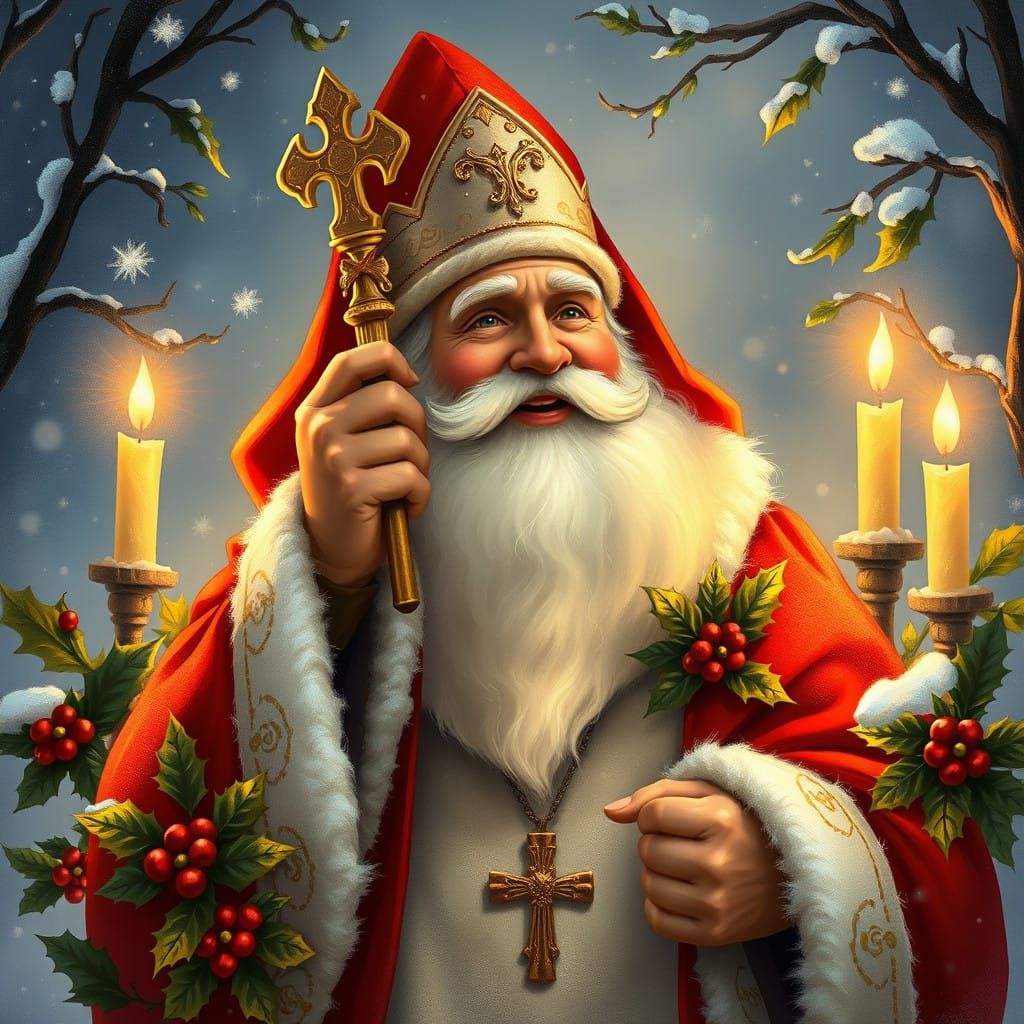 A warm and inviting illustration of Saint Nicholas, dressed in his ...