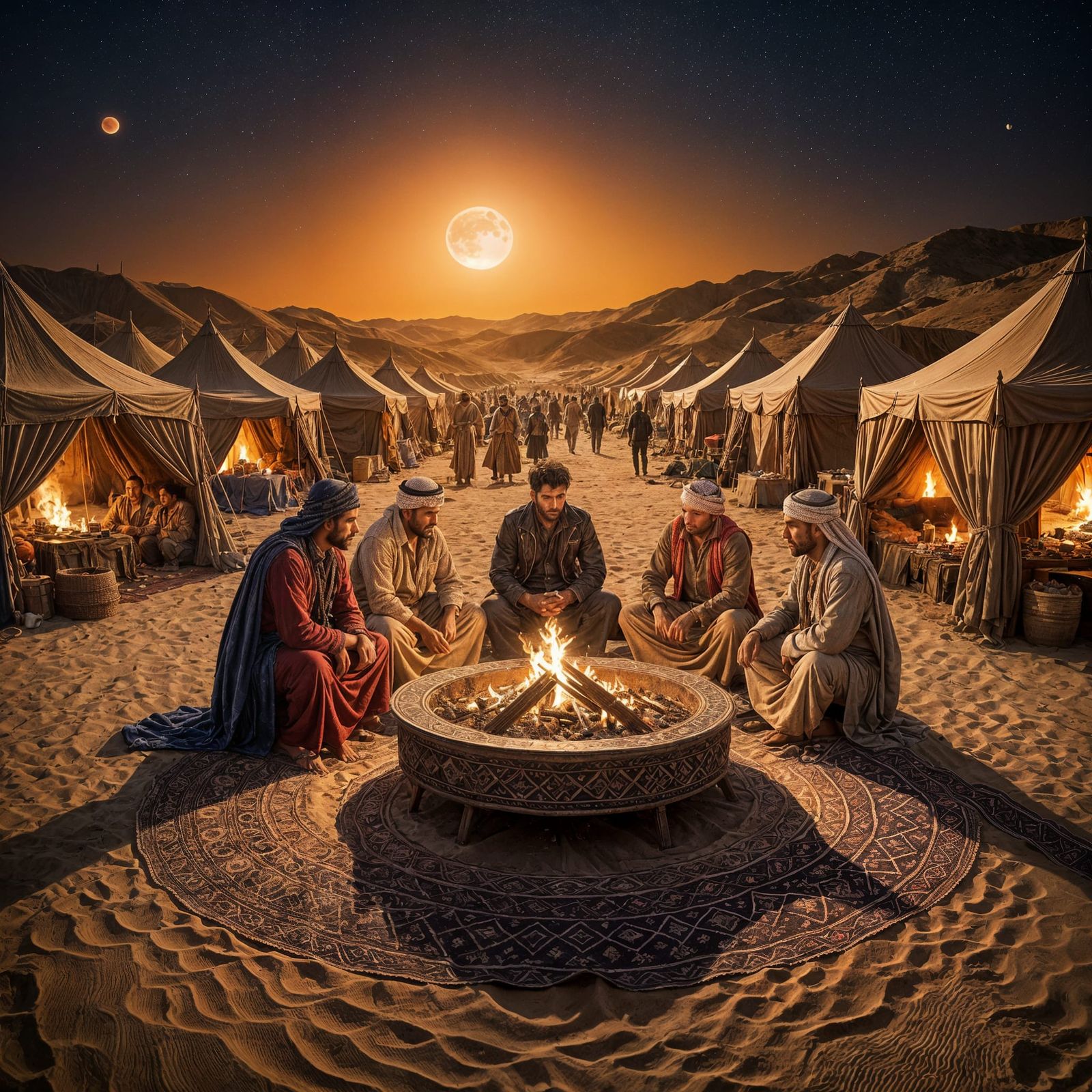 Midnight Market - Midnight Desert Bazaar Unfolds Under Red M...