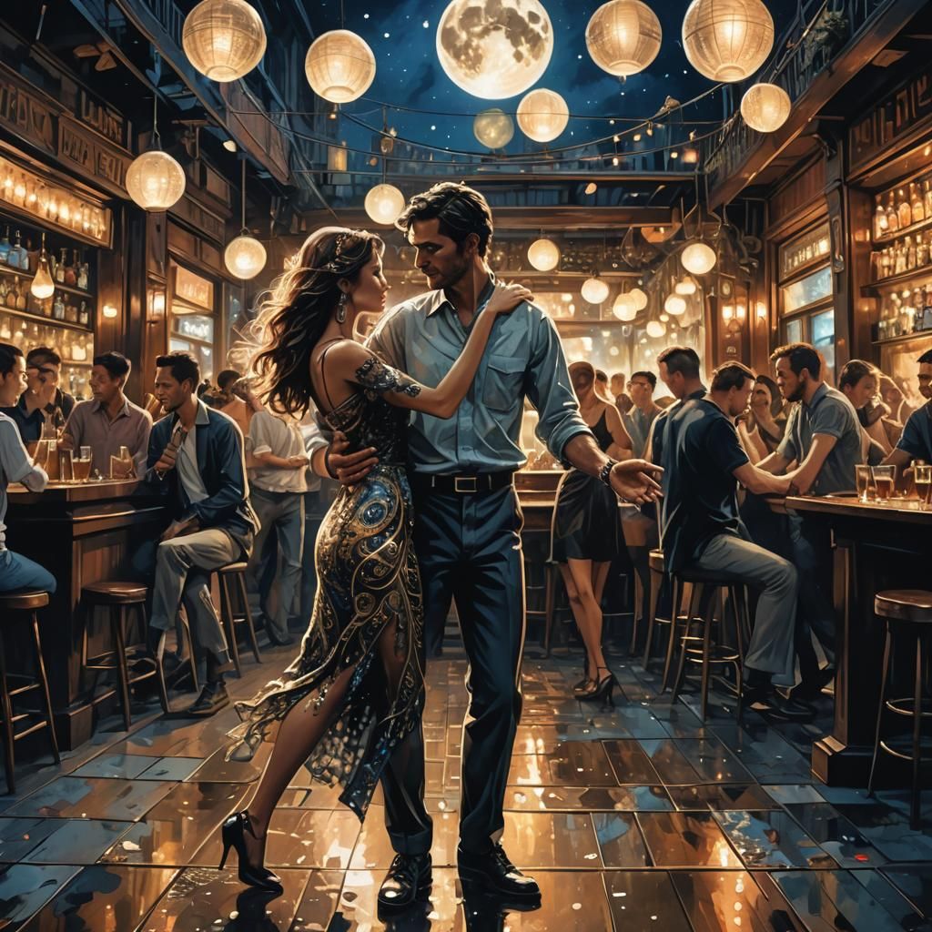 couple dance in the moonlight outside a crowded bar, elaborate and ...