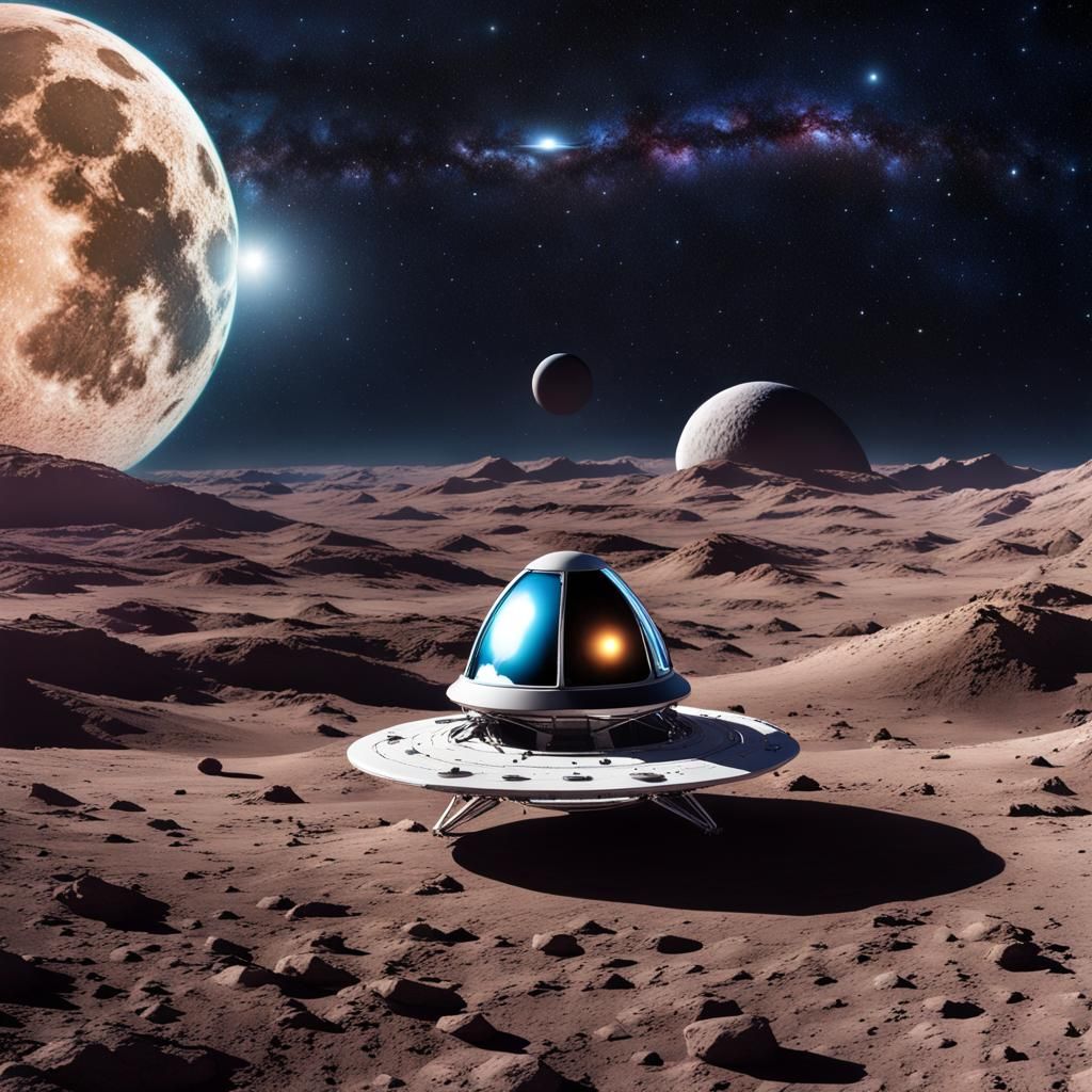 Photograph, sharp, miniature ufo with alien in it on the moon surface ...