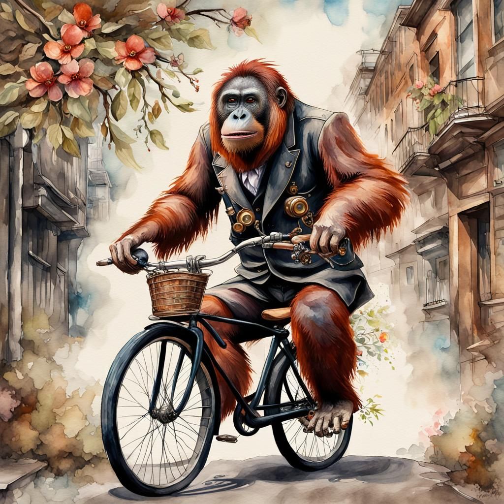 watercolor background, Steampunk dressed orangutan riding a bicycle old ...