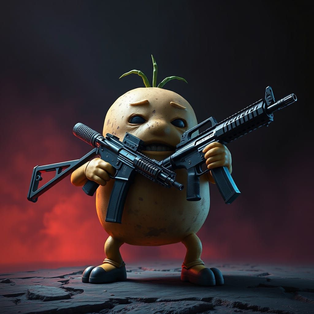 Potato armed with two AR15’s - Cyberpunk Warrior Potato with...