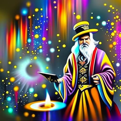 portrait of handsome Wizard consulting a spell book. graffiti art ...