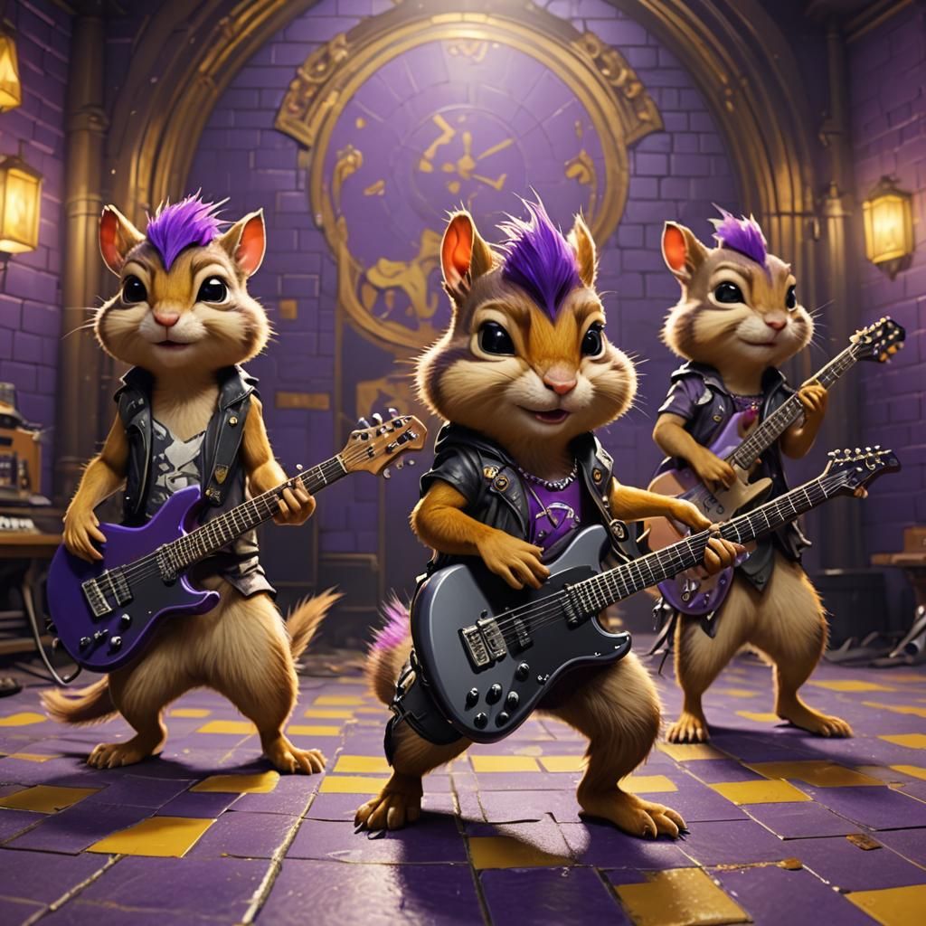 three punk rock chipmunks with electric guitars and purple mohawks, a ...