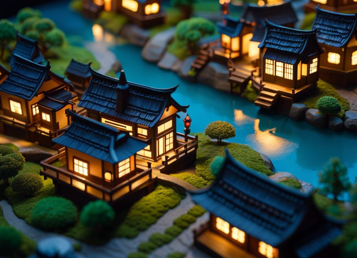 3d miniature traditional night-time village in bonsai forest;by bonsai ...