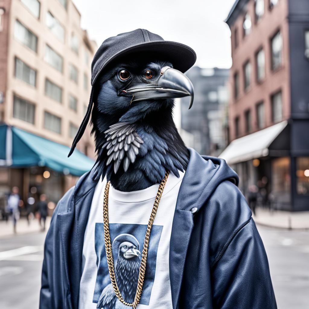 Realistic anthropomorphic raven bird dressed as a rapper in a city - AI ...