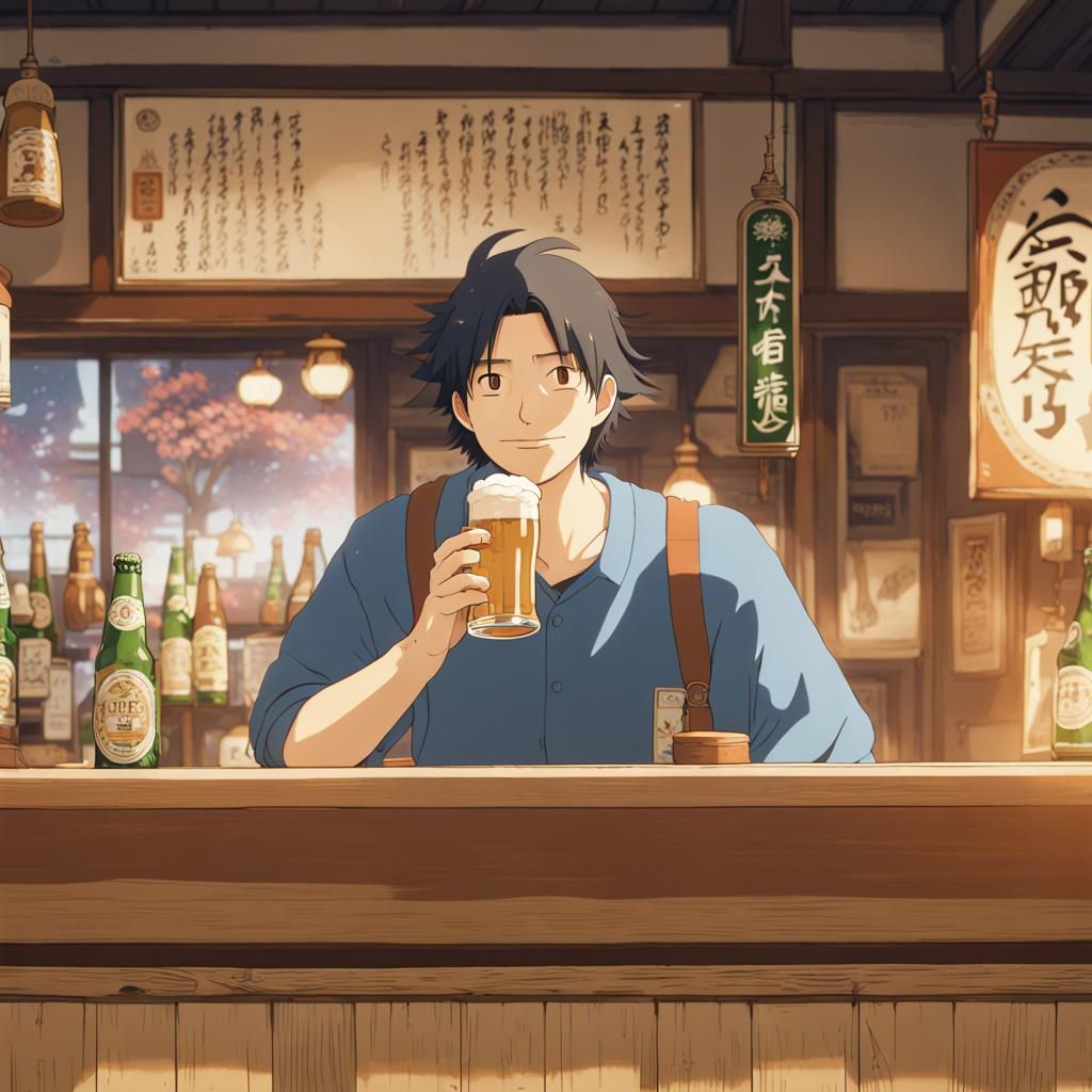"a man enjoying beer at a small japanese style bar" yabe sawako Studio ...
