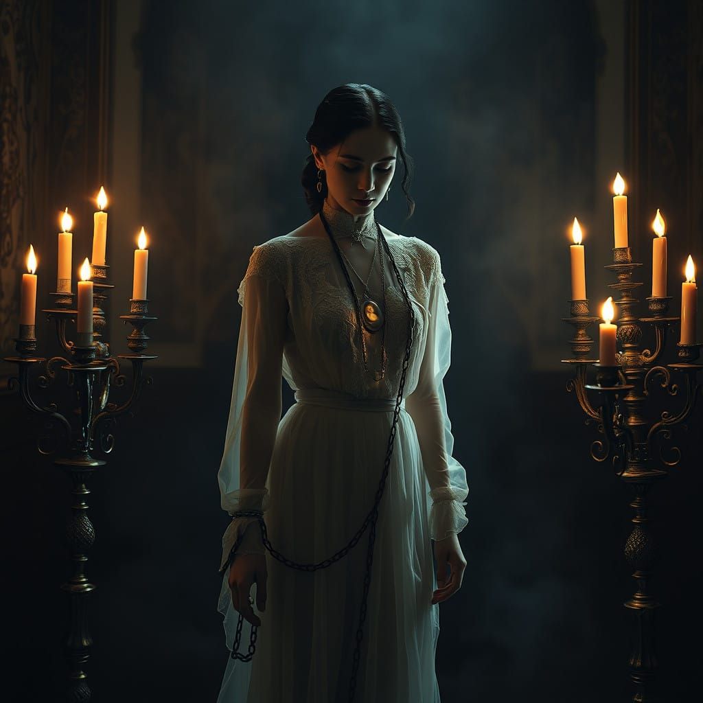 A translucent and haunted gothic ghost girl, draped in tattered ...