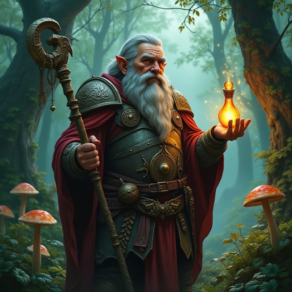 A wise and grumpy old dwarf alchemist standing in a dense mystical ...