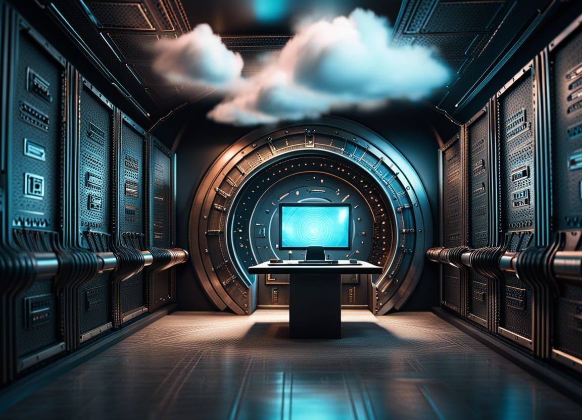 A 3D sitting vault inside a room with cloud and data security . cyber ...