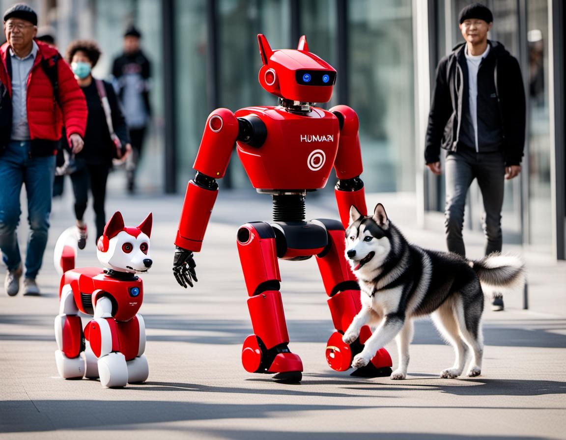 A red humanoid robot walks a husky. - AI Generated Artwork - NightCafe ...