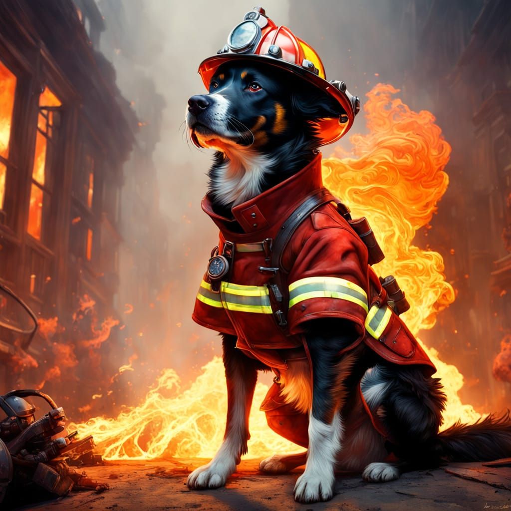 Dramatic Dog Firefighter in Breathtaking Fantasyco... - AI Art