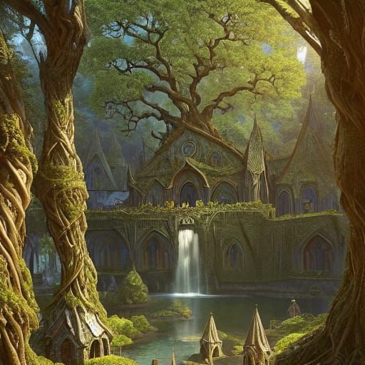 Whimsical Elvish Library Inside Ancient Tree with ... - AI Art