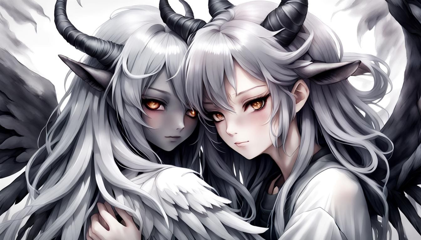 anime, girl x girl, black and white, one angel, one demon, couple ...
