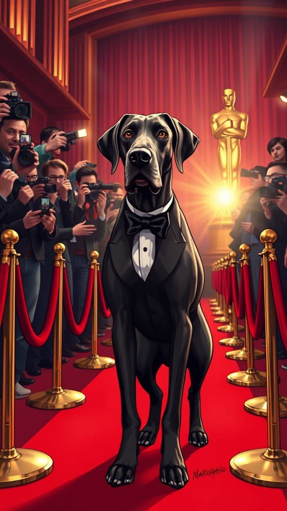 Marmaduke in tuxedo walking the red carpet at the Oscars, velvet ropes ...