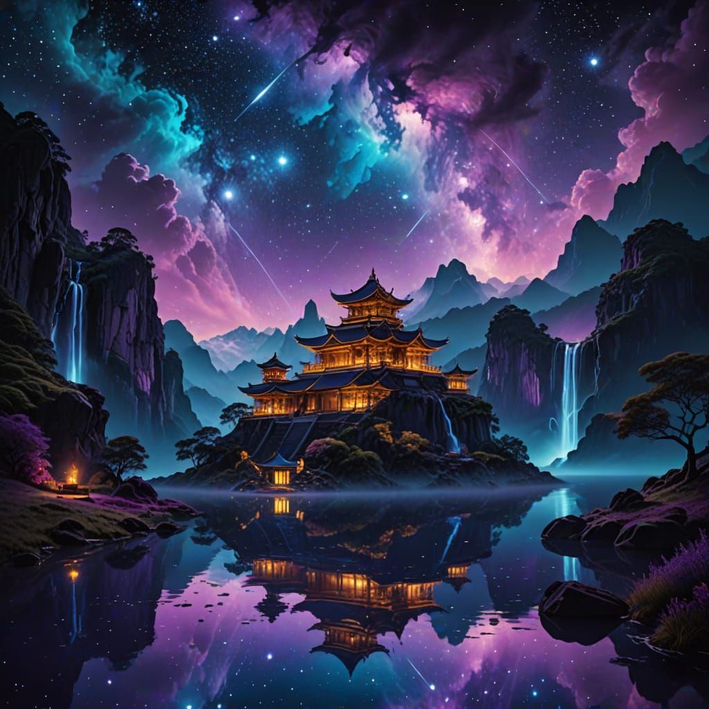 Cosmic Waterfalls and Floating Temples