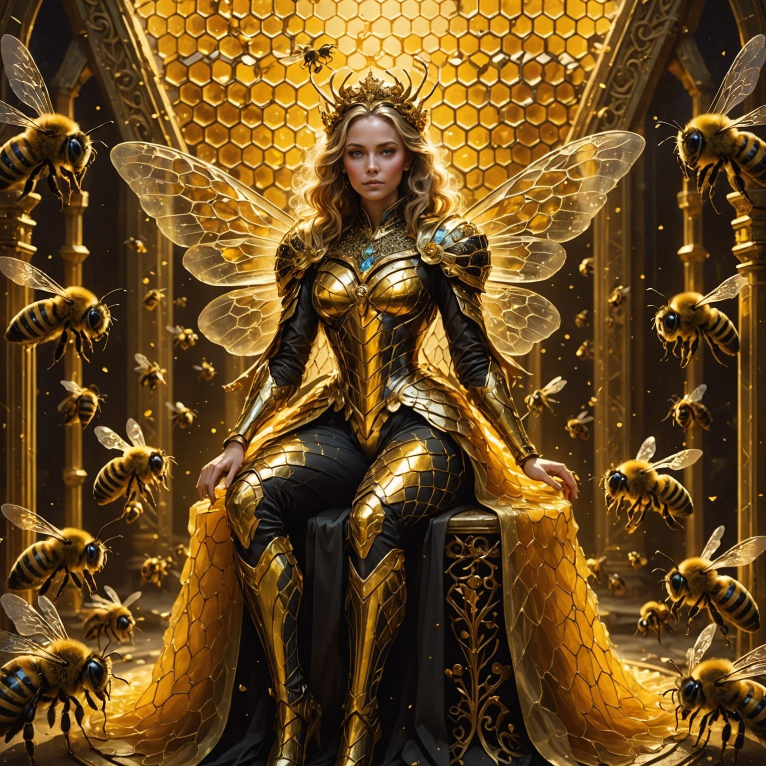 A majestic queen bee wearing an ornate golden gown adorned with ...