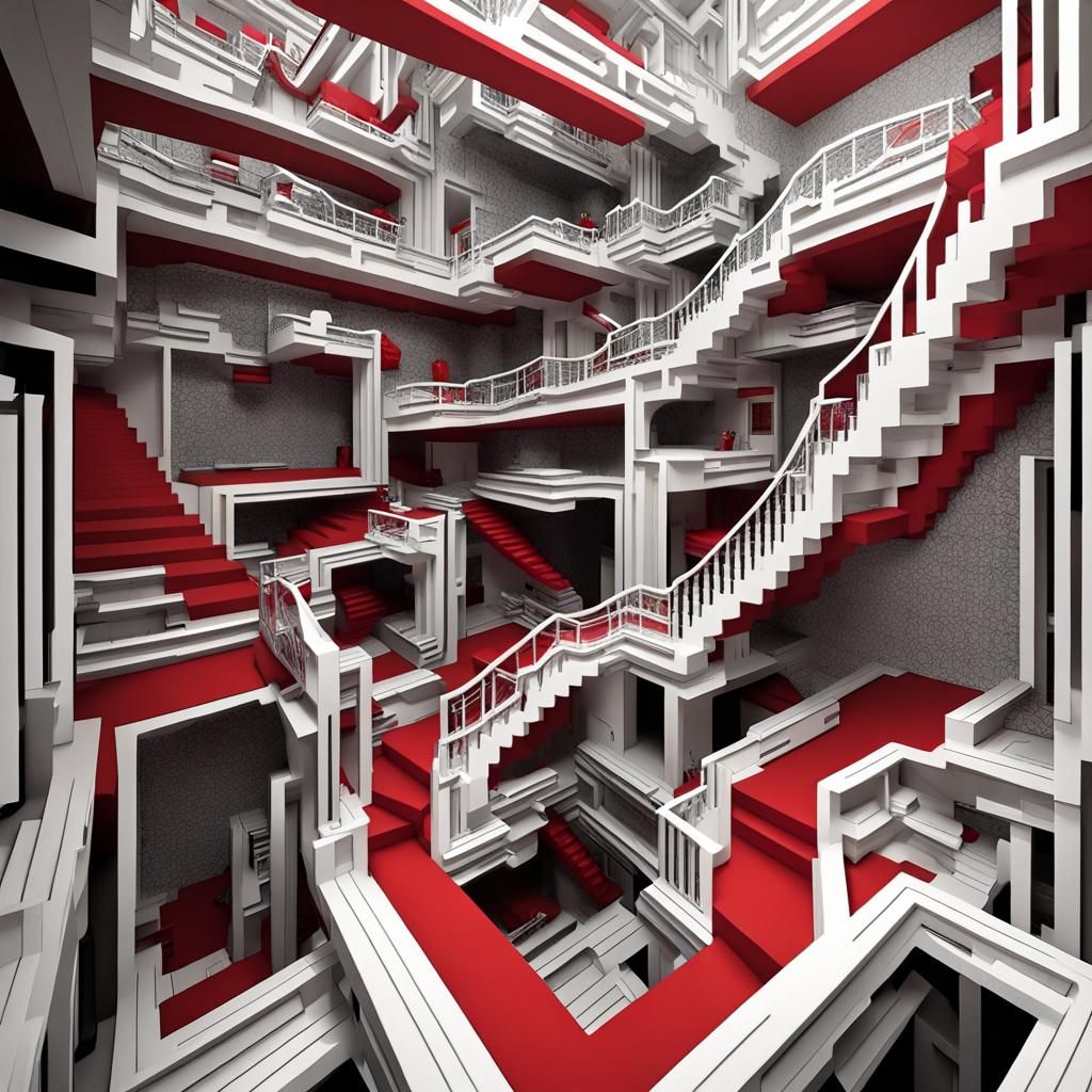 Visualize a monochrome, Escher-inspired infinite staircase maze, with a ...