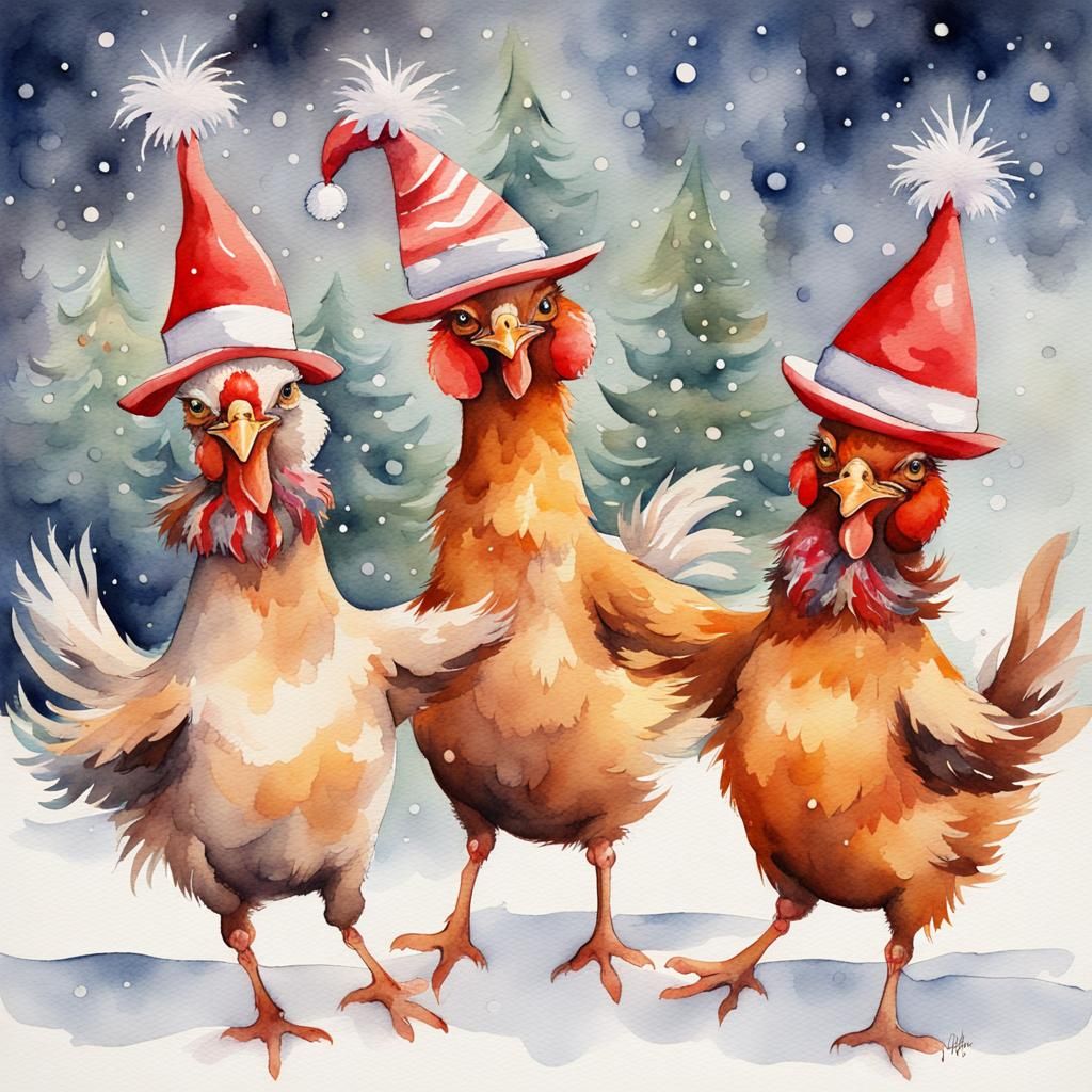 Watercolor of dancing chickens in hats celebrating Christmas - AI ...
