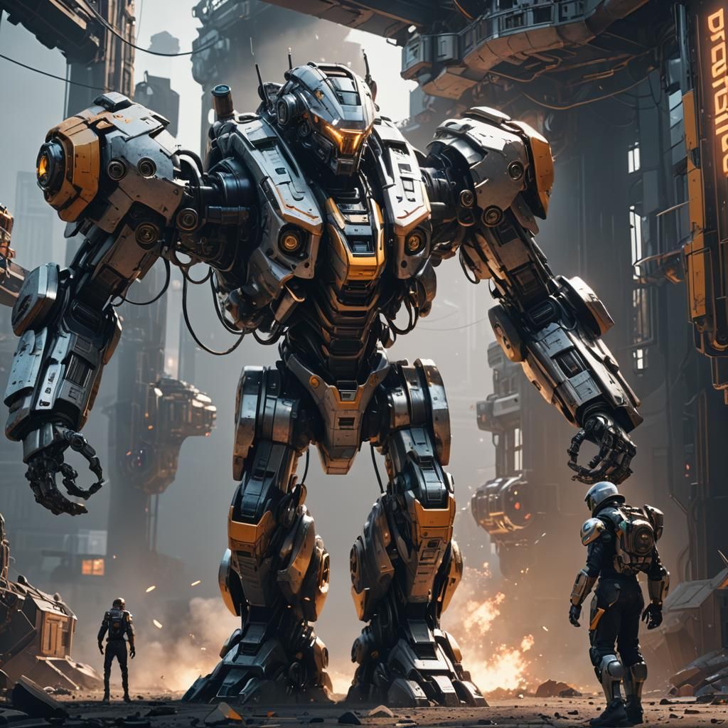 A young mech pilot controlling a giant robotic suit intricate mech ...