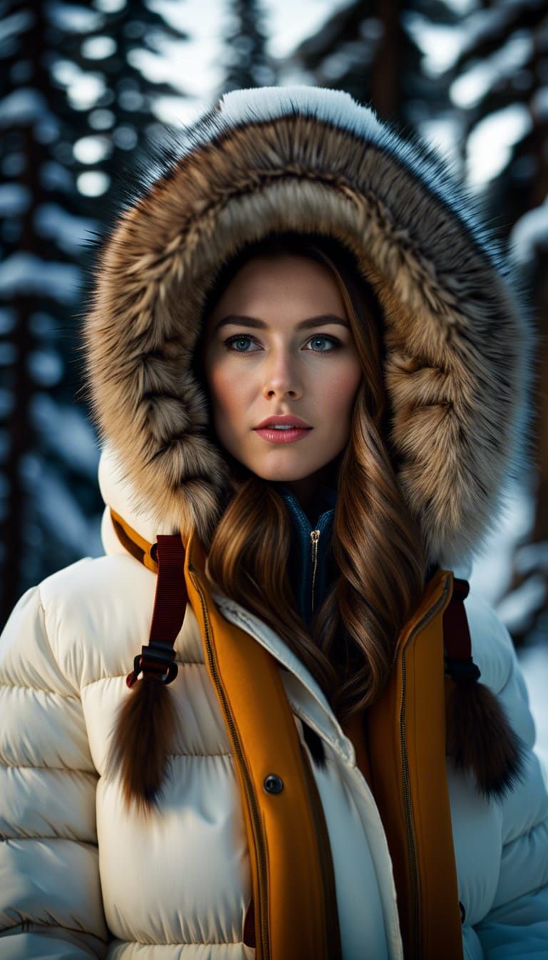 a young lady wearing a thick coat with a fur trimmed hood, in Alaska ...