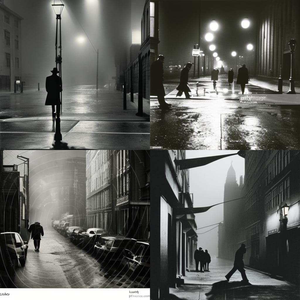 poor side of city, street wet, dashiel hammet walking under street lamp casts very long unlikely ...