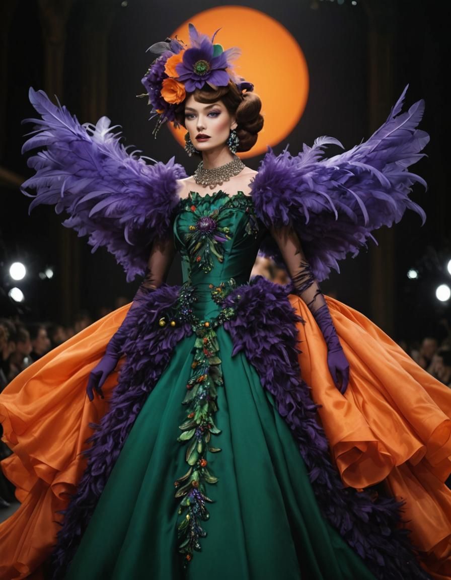 The flamboyant verson of the purple orange and green gown for Bubble ...