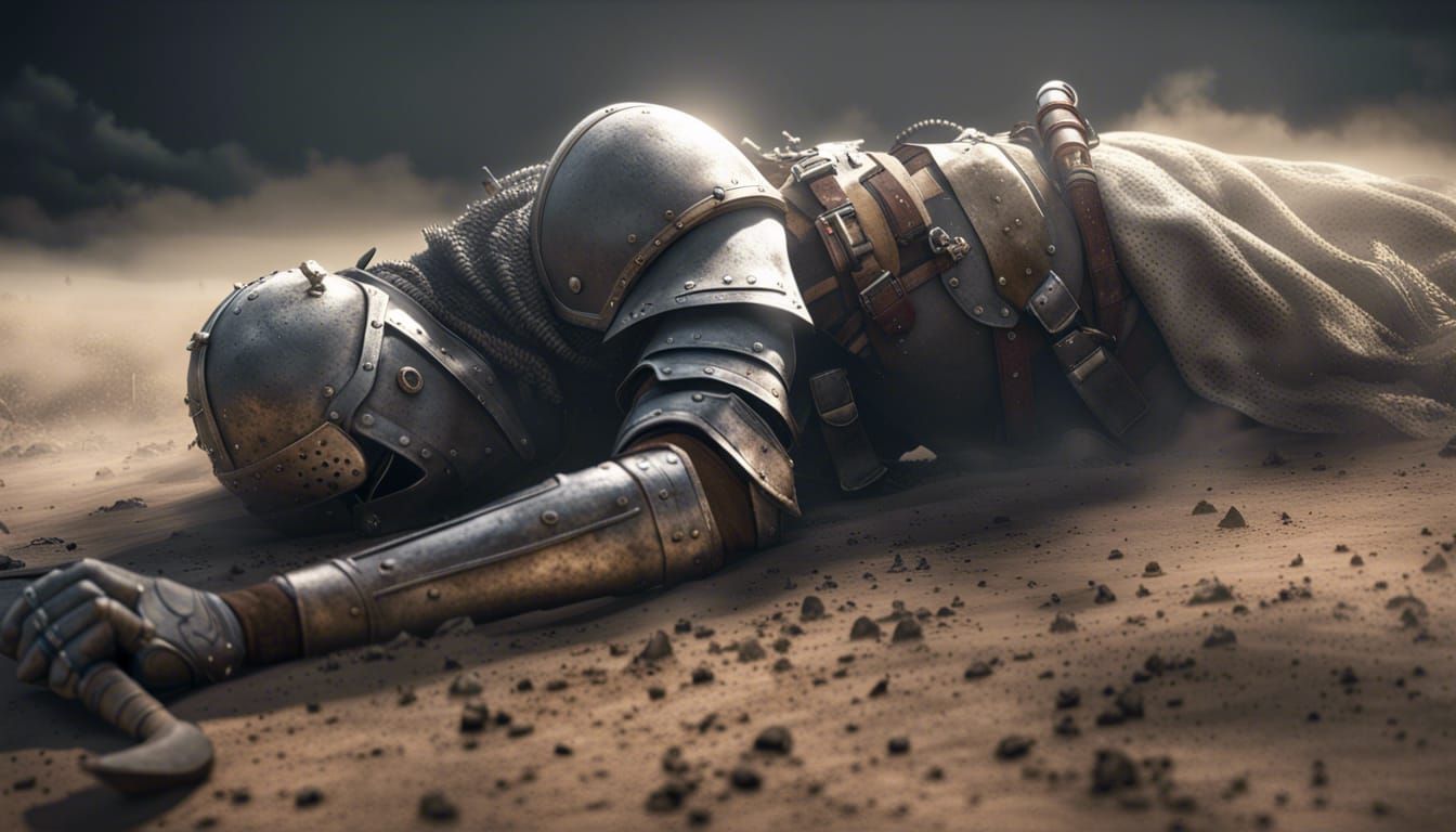 wounded knight lying on a dusty field, dust clouds, 3D, high detail, top light, 8K - AI ...