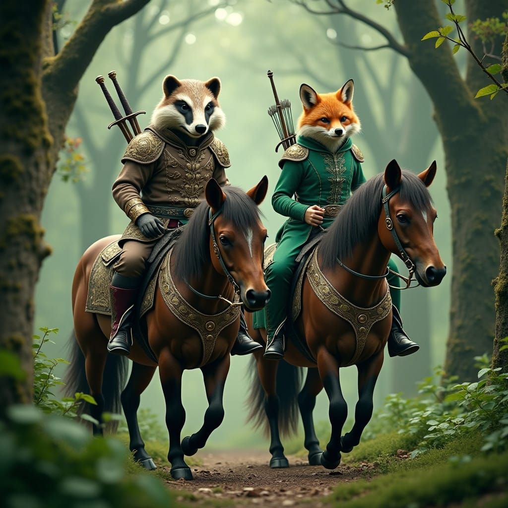 Regal Badger King and Royal Fox Ride Majestic Poni... - AI Art