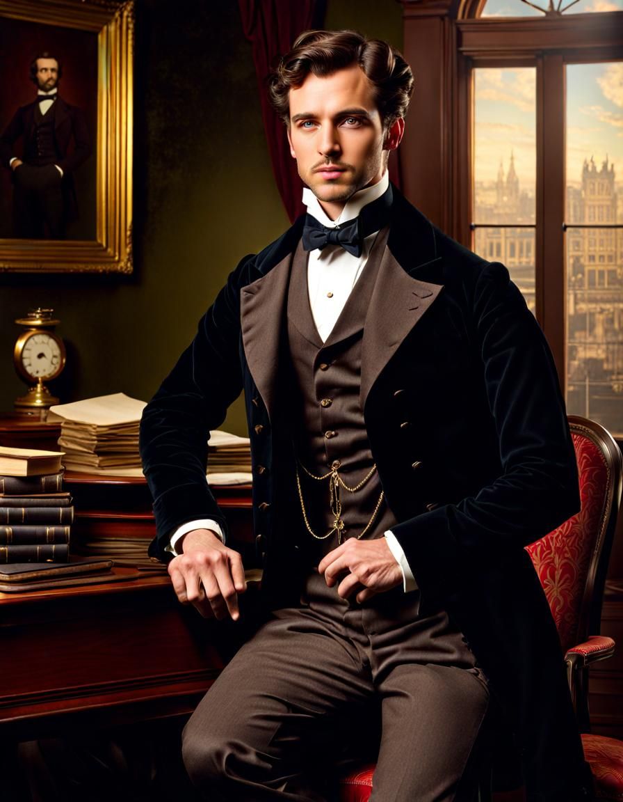 Handsome young Victorian gentleman, Victorian office background, half ...