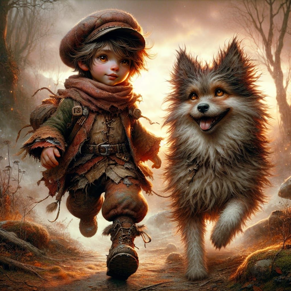 Boy and his companion - Whimsical Boy Strolls in Mystical Fo...