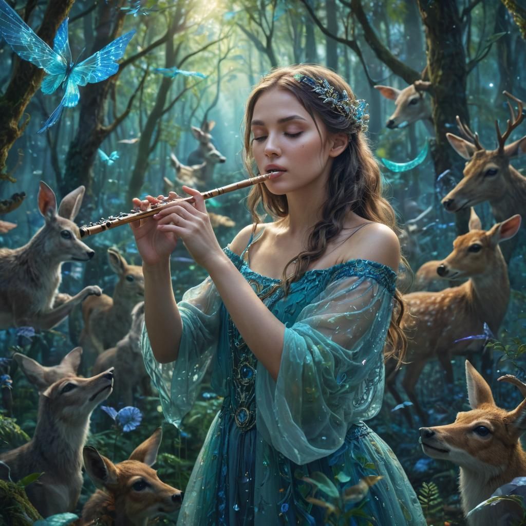 Ethereal Lady Enchants with Magical Flute in Vibra... - AI Art