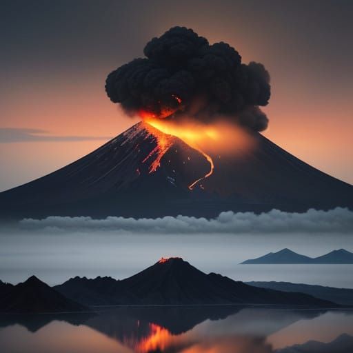 Majestic Japanese Volcano Erupts in a Dramatic Sun... - AI Art