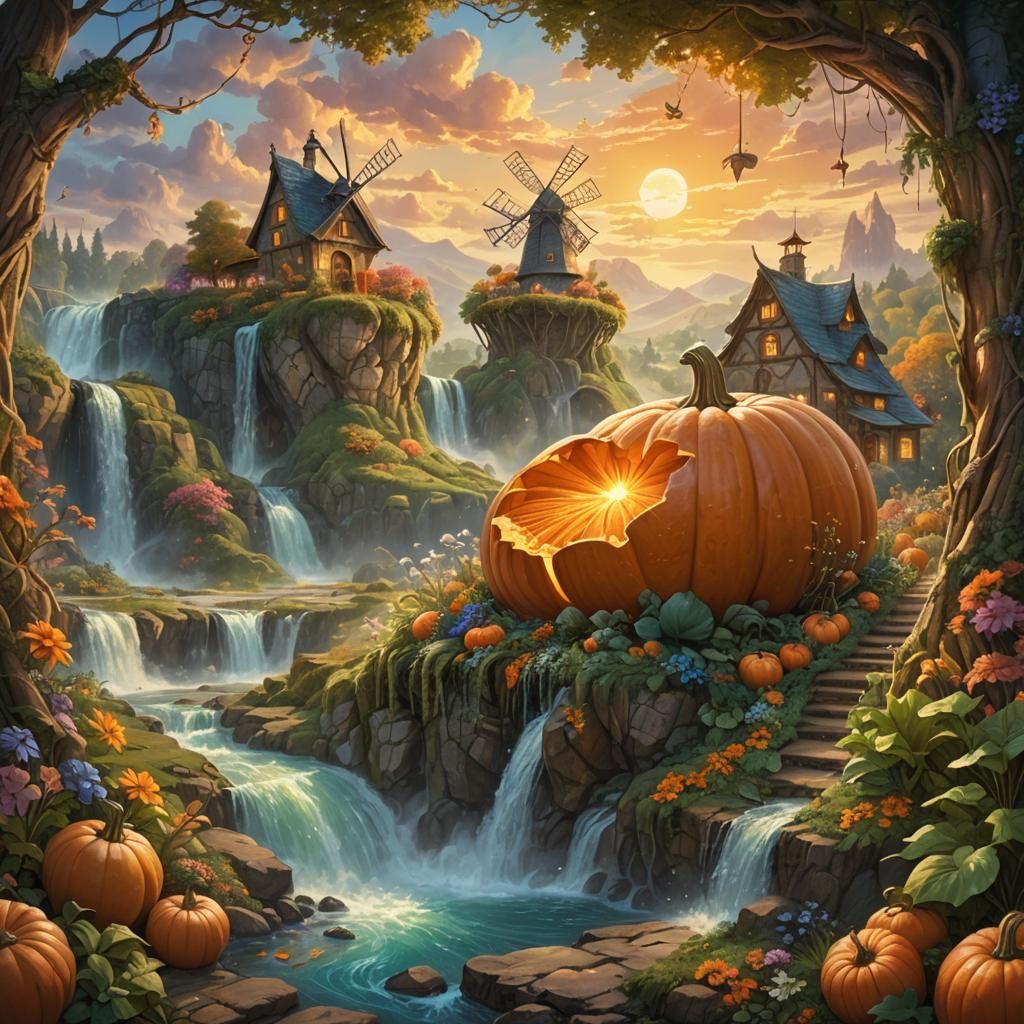 Fantasy pumpkin waterfall. - AI Generated Artwork - NightCafe Creator