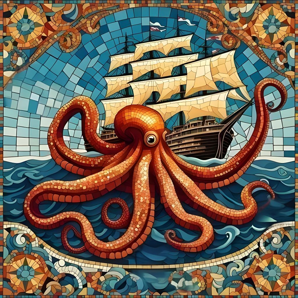 A mosaic giant octopus attacking a clipper ship - AI Generated Artwork ...