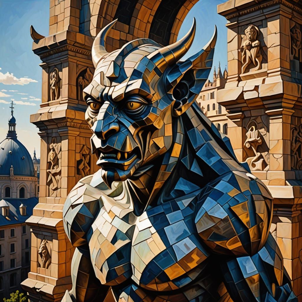 Grotesque Gargoyle Statue in Vibrant, Swirling Cub... - AI Art