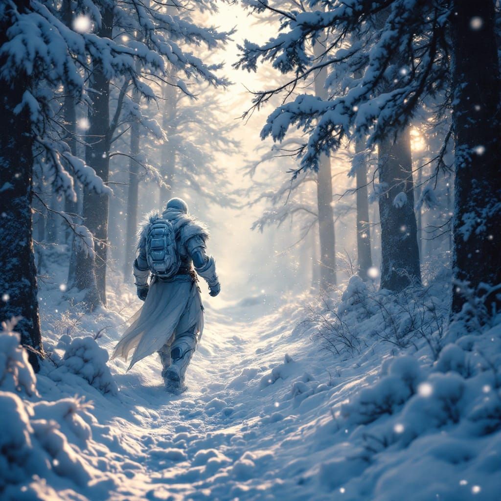 Cyberpunk Ice Warrior Strolls Through Frosty Winte... - AI Art