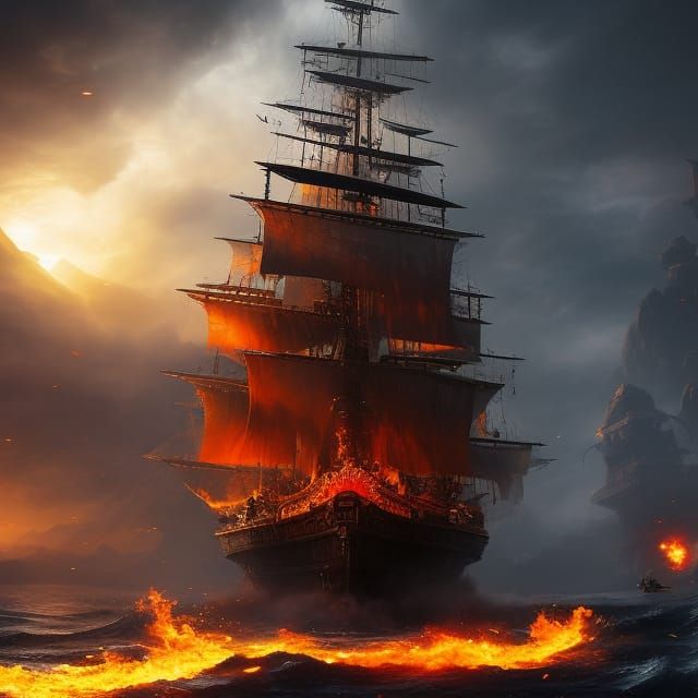 Pirate Ship Burning The Seas - AI Generated Artwork - NightCafe Creator