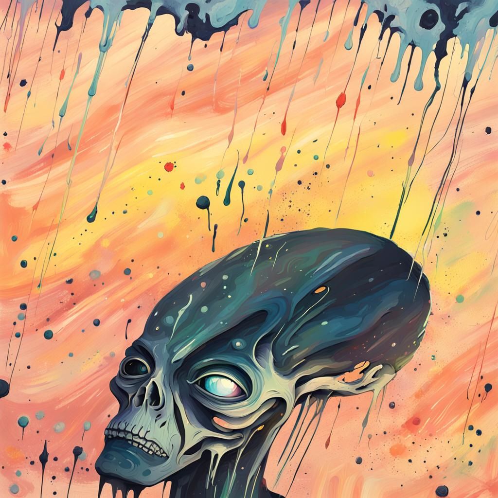 Dripping paint and an alien head with elongated cranium and now ears in ...