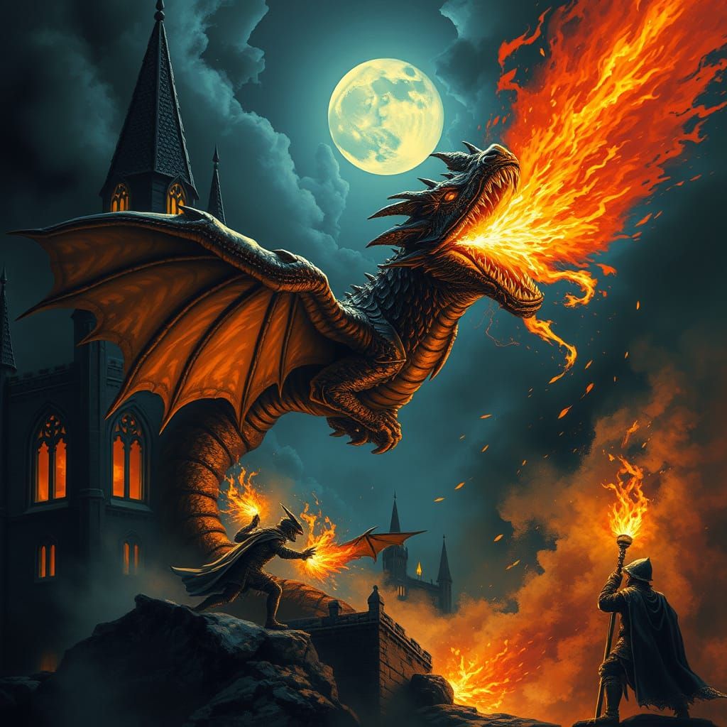 Armored Dragon Attacks Castle Under Dark Moon, in ... - AI Art