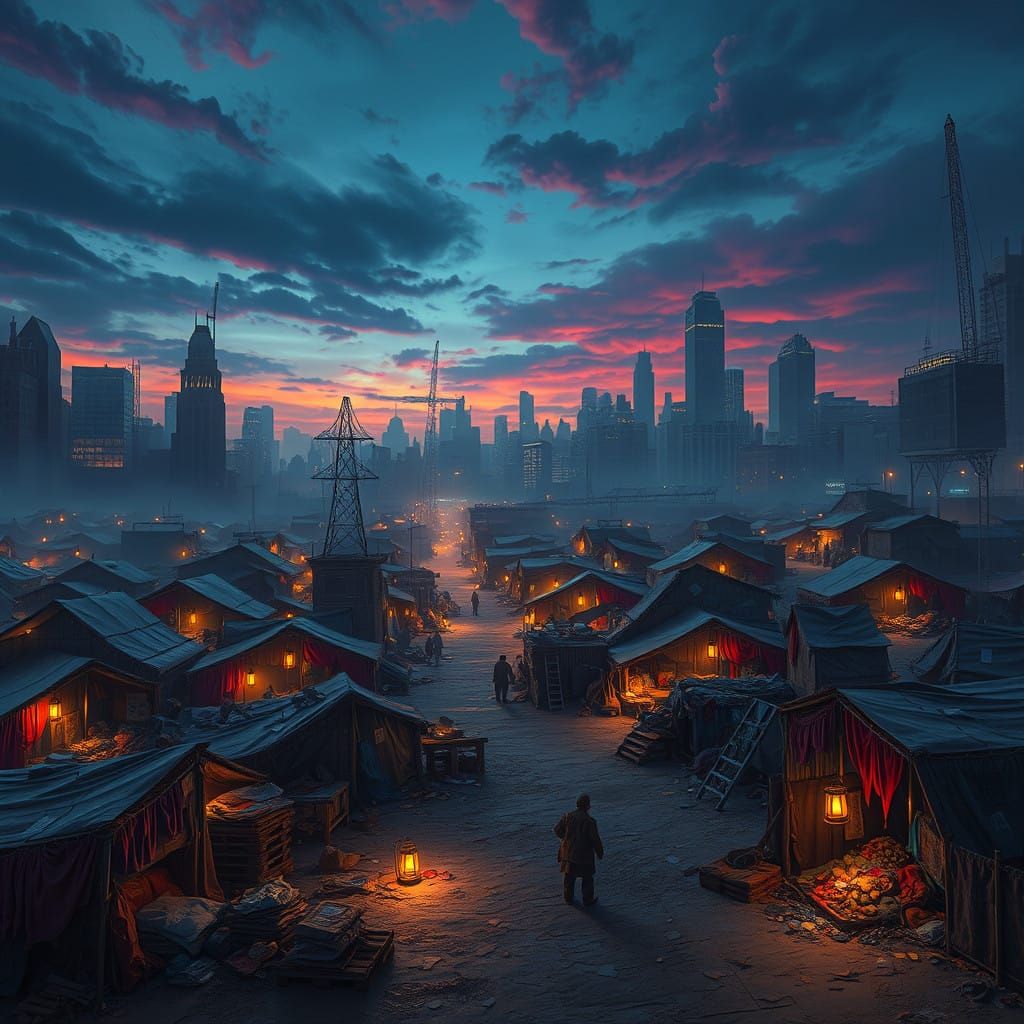 Vibrant Homeless Camp Amidst Cyberpunk Cityscape - AI Art