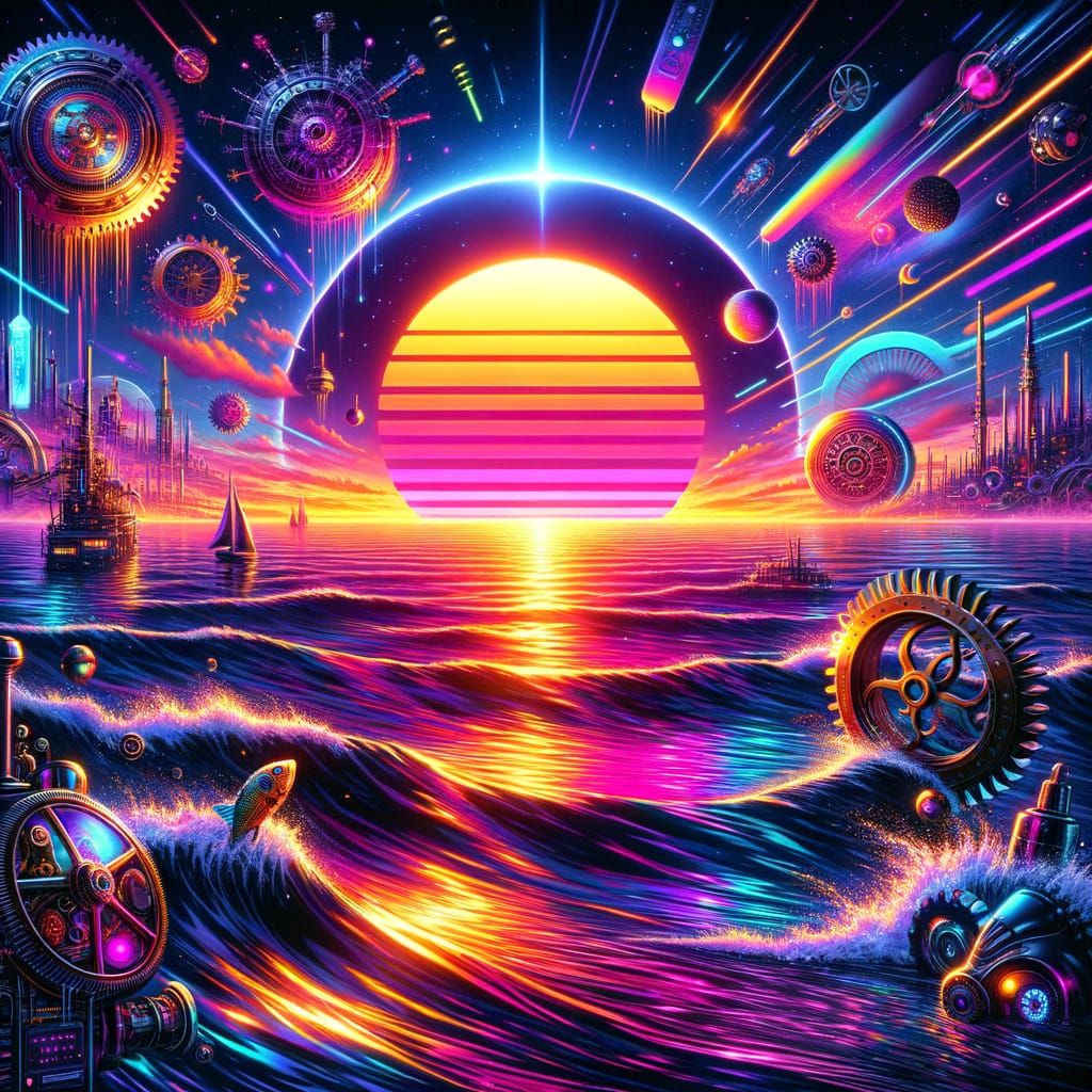 Vibrant Synthwave Steam Punk Sunset over the Ocean - AI Art