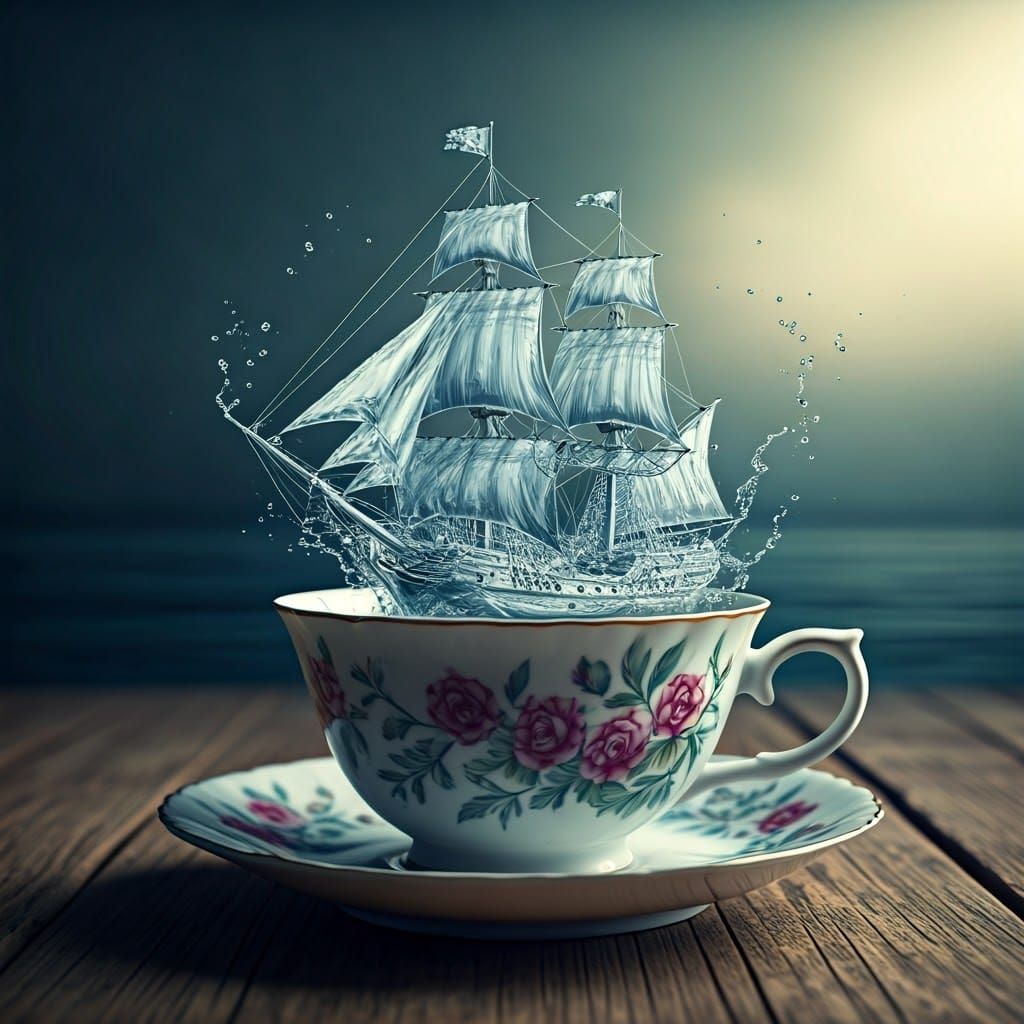 Ethereal Pirate Ship in Delicate Porcelain Teacup - AI Art